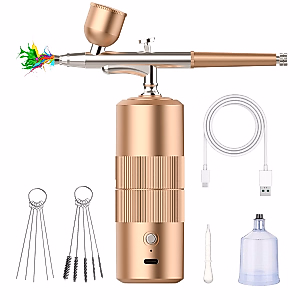 Nabowner Airbrush Kit with Compressor, Dual Action Cordless Airbrush Gun, 30PSI Portable Airbrush Kit for Makeup, Nail Art, Tattoo, Wall Graffiti, and Cake Decorating（Golden）…