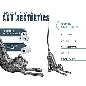 Yoga Cat Decorative Paper Towel Holder or Toilet Paper Holder by Comfify - Adorable Downward Dog Pose Kitty- Cast Iron Paper Towel Stand - Antiqued Cast Iron White Color - 19" - Silver with Black