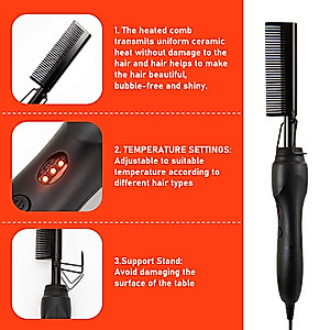 AIHOPESTO Electric Hot Comb Hair Straightener for African American Hair, 3 Temperature Settings, Metal Surface, Lightweight & Compact, 5 Piece Set