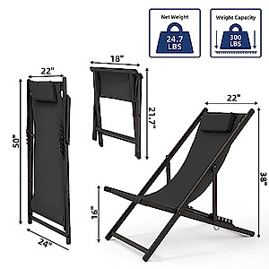 Eongdn Sling Chairs Patio Deck Chairs Folding Chair Set of 4 with 2 6-Level Adjustable Aluminum Folding Chairs and 2 Stools, Dark Grey