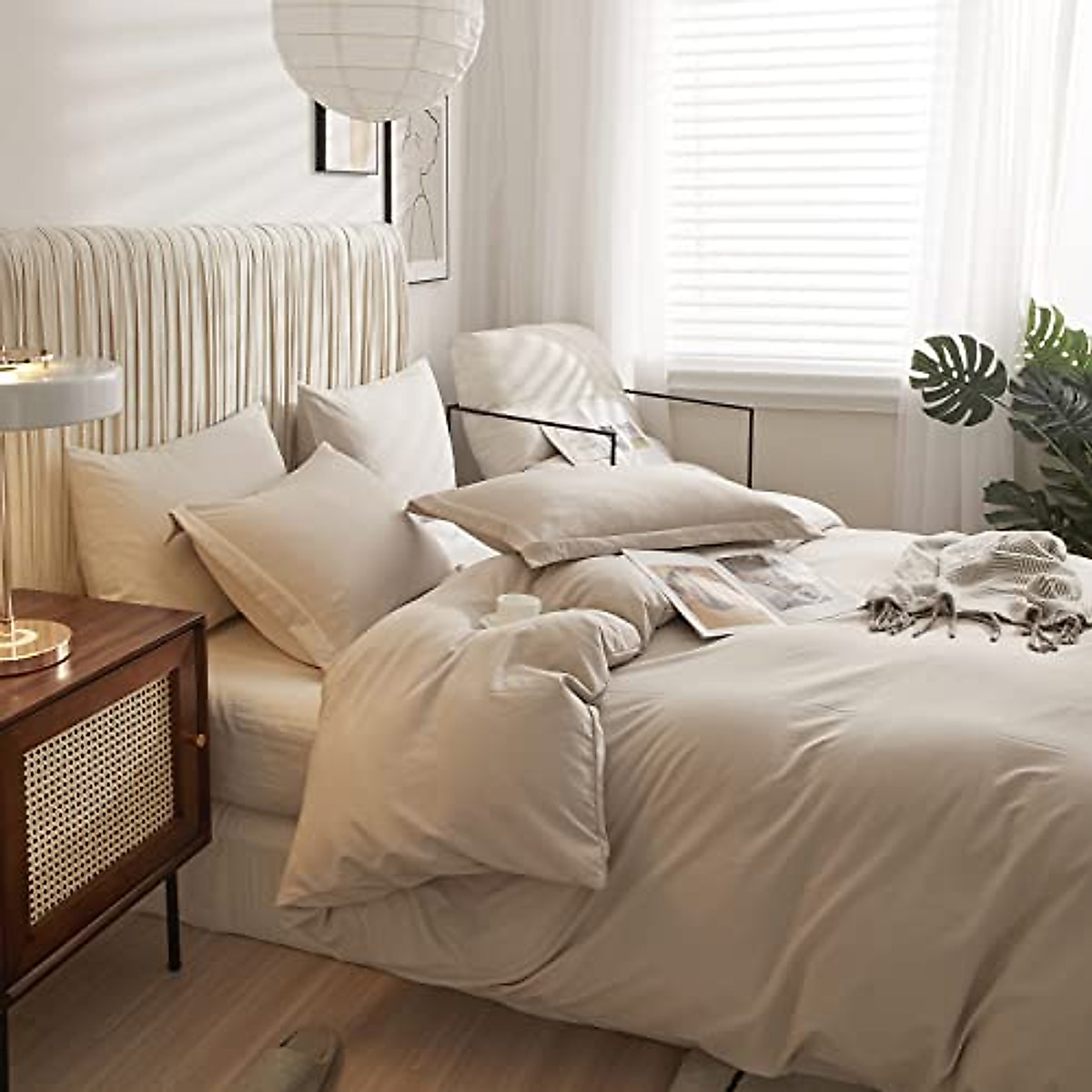 VClife Duvet Cover Washed Microfiber Cream Beige Tan Khaki Quilt Cover Sets Queen Size 3 Pieces Tan Solid Color Bedding Sets (1 Queen Beige Duvet Cover and 2 Pillow Shams)