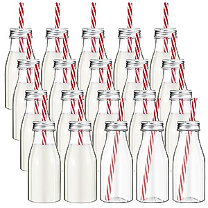 Yinkin Set of 20 Plastic Milk Bottles with Straws & Silver Metal Lids Clear Plastic Bottle for Dairy Milk, Party Bottle for Milk Juices Shakes Smoothies Cocktails, 20 Bottles and 20 Straws (8 oz)