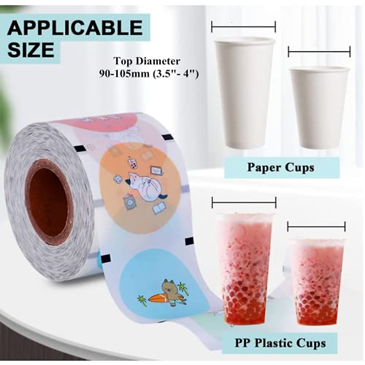 JIAWANSHUN Tea Cup Sealer Film Roll Cup Sealing Film Paper Sealing Film 1600pcs per Roll for Plastic and Paper Cup 90-105mm (3.5"- 4")