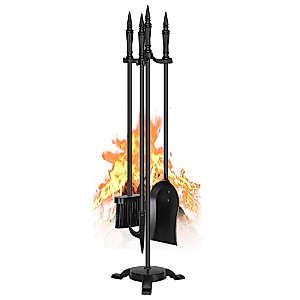 FEED GARDEN Fireplace Tools Set 4 Pieces, 31 Inch Modern Indoor Outdoor Wrought Iron Fire Place Set Tools, Black Fireplace Accessories Included Poker, Shovel, Brush, Base