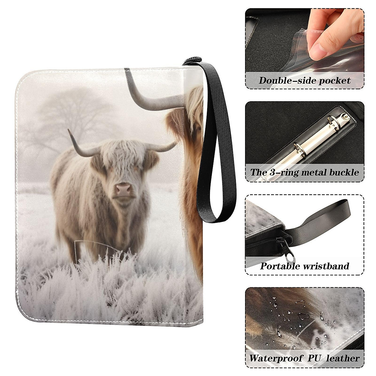 PYBUG Highland Cow Trading Card Binder with Nylon Strap 4-Pocket Waterproof PU Leather Card Collection Binder for 400 Cards Sturdy Card Holder Folders for Game Cards,Sports Cards