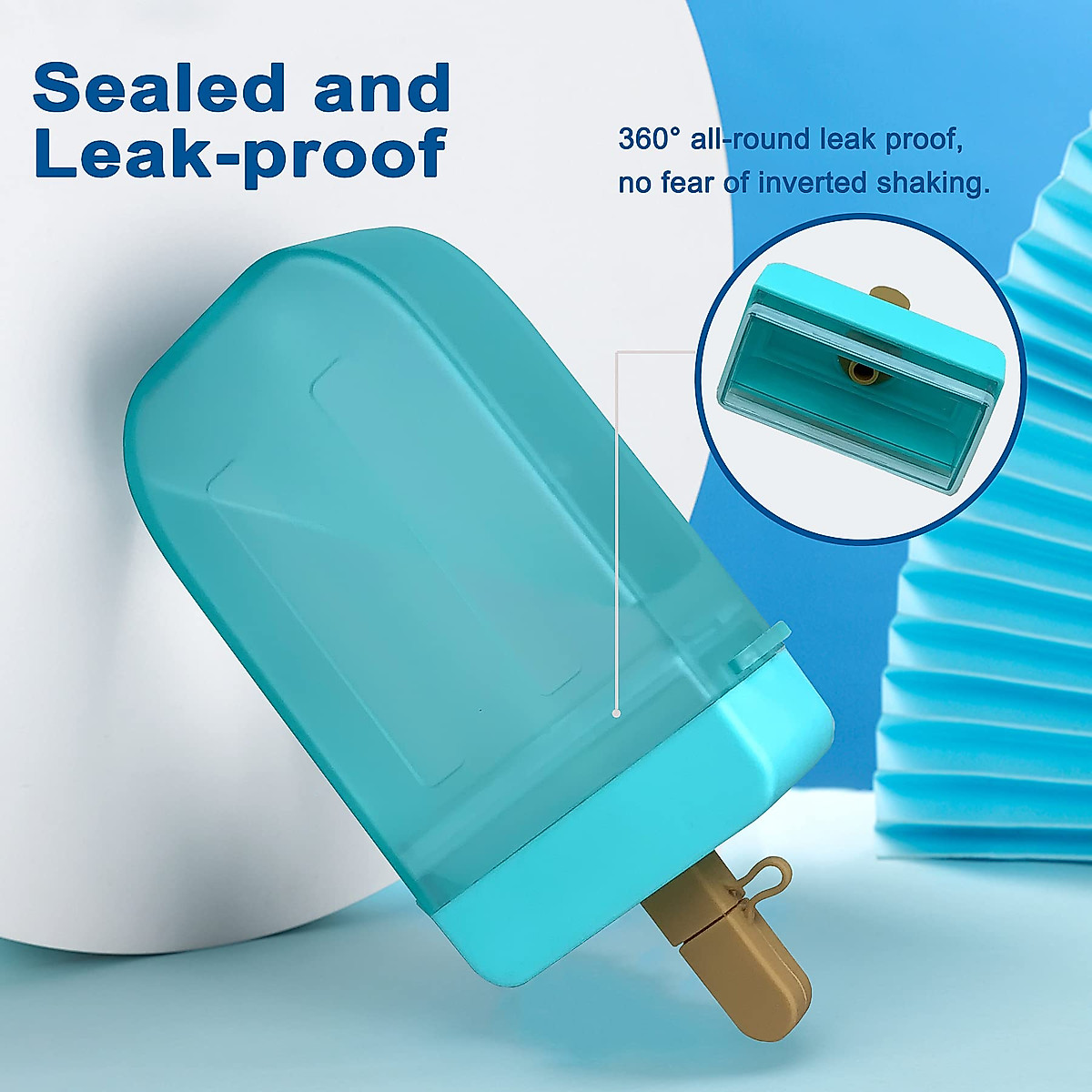 Cute Water Bottle with Straw, 300 ML Creative Ice Cream Popsicle Cups with Adjustable Shoulder Strap for School Girls Kids, Kawaii Flat Portable Leak proof Drinking Bottles for Camping Travel - Blue