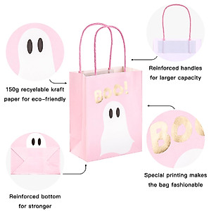 WRAPAHOLIC 12 Pack 7" Small Halloween Kraft Paper Gift Bags - Pink Ghost Boo Design for Hallowen, Holiday, Party Gift Wrap