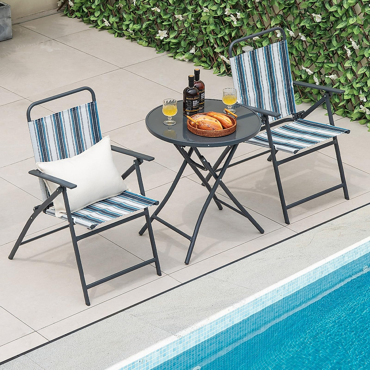 Tangkula 3 Piece Outdoor Folding Chair Set, 2 Folding Chairs with Folding Table, Heavy-Duty Metal Frame, Outdoor Dining Chair Set, Portable Patio Bistro Set for Backyard, Poolside, Balcony