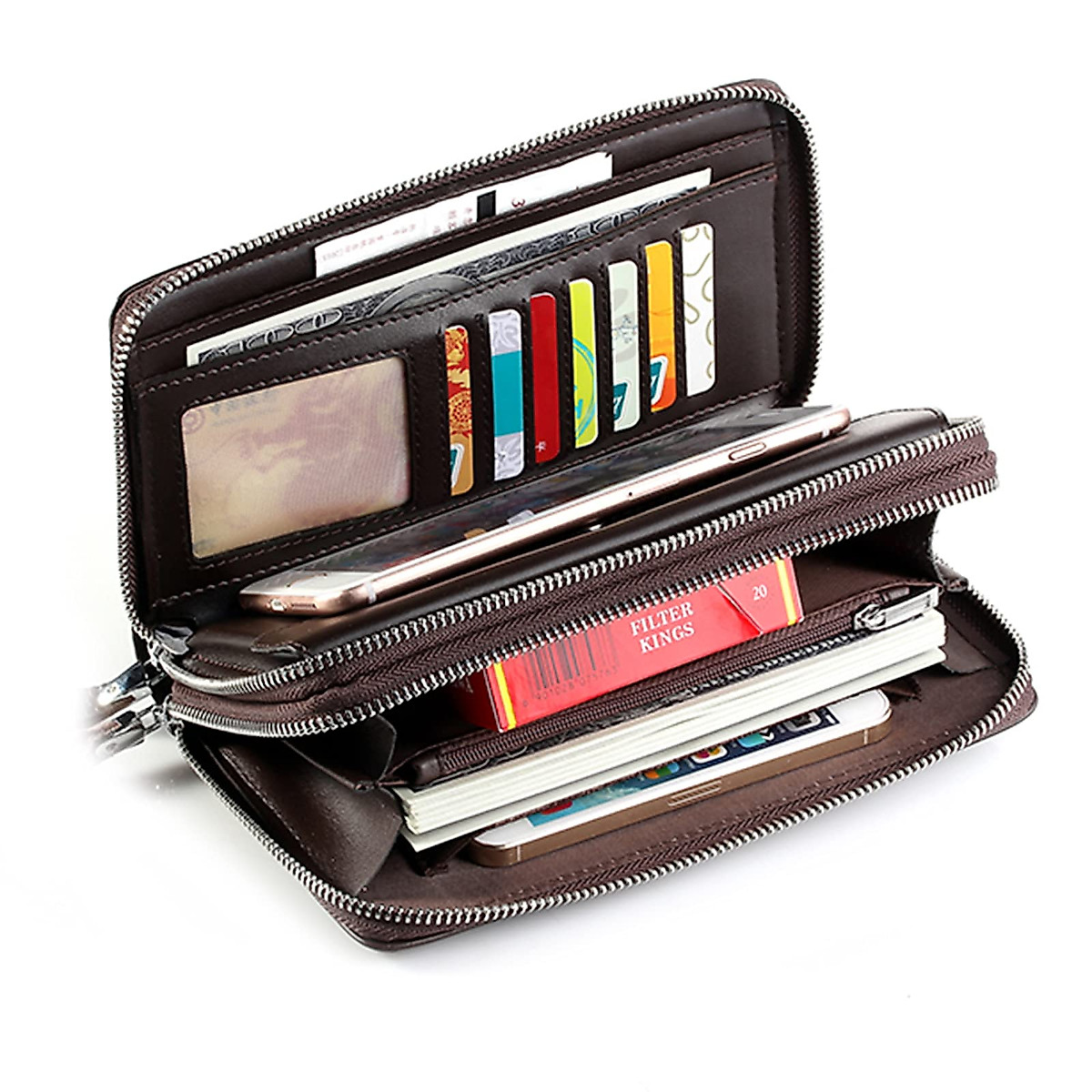 SUMGOGO Large Clutch Handbag Leather Zipper Around Wallets Wristlet Card Business Phone Wallet Case for Women Men (A-Brown)