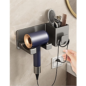 ALOeu Hair Dryer Holder Wall Mounted, Aluminum Organizer Rack with Self Adhesive for Shark or Dyson Supersonic Hair Dryer, grey