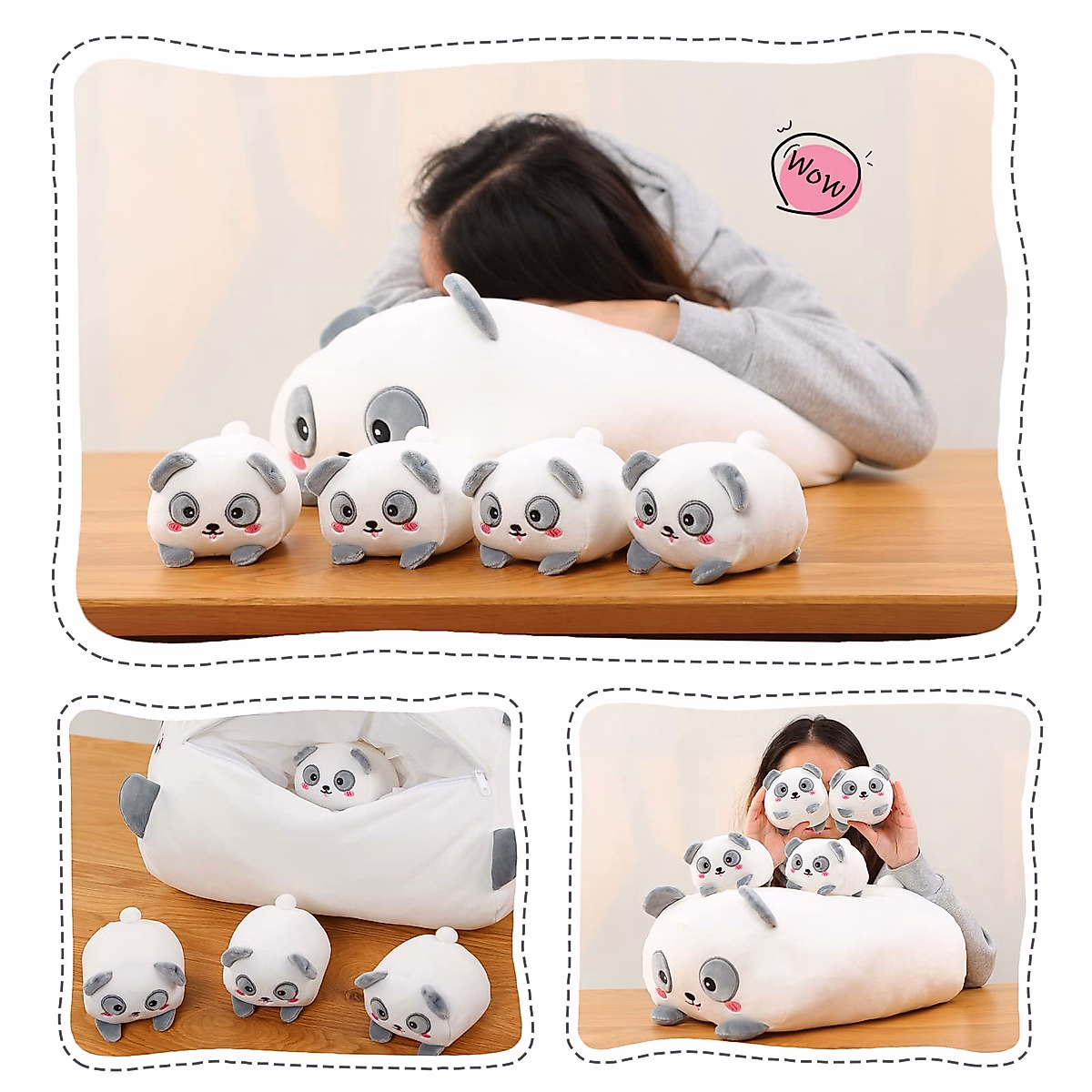 AIXINI Cute Panda Mommy Stuffed Animal with 4 Little Baby Pandas Plush, Super Soft Cartoon Hugging Toy Gifts for Bedding, Kids Sleeping Kawaii Pillow
