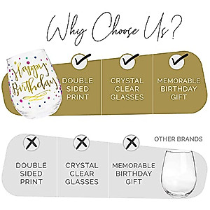 Your Dream Party Shop Happy Birthday 22oz Stemless Wine Glass, Happy Birthday Wine Glass with Gold Print, Perfect Birthday Glass, Happy Birthday Wine Glasses For Women, Birthday Cup