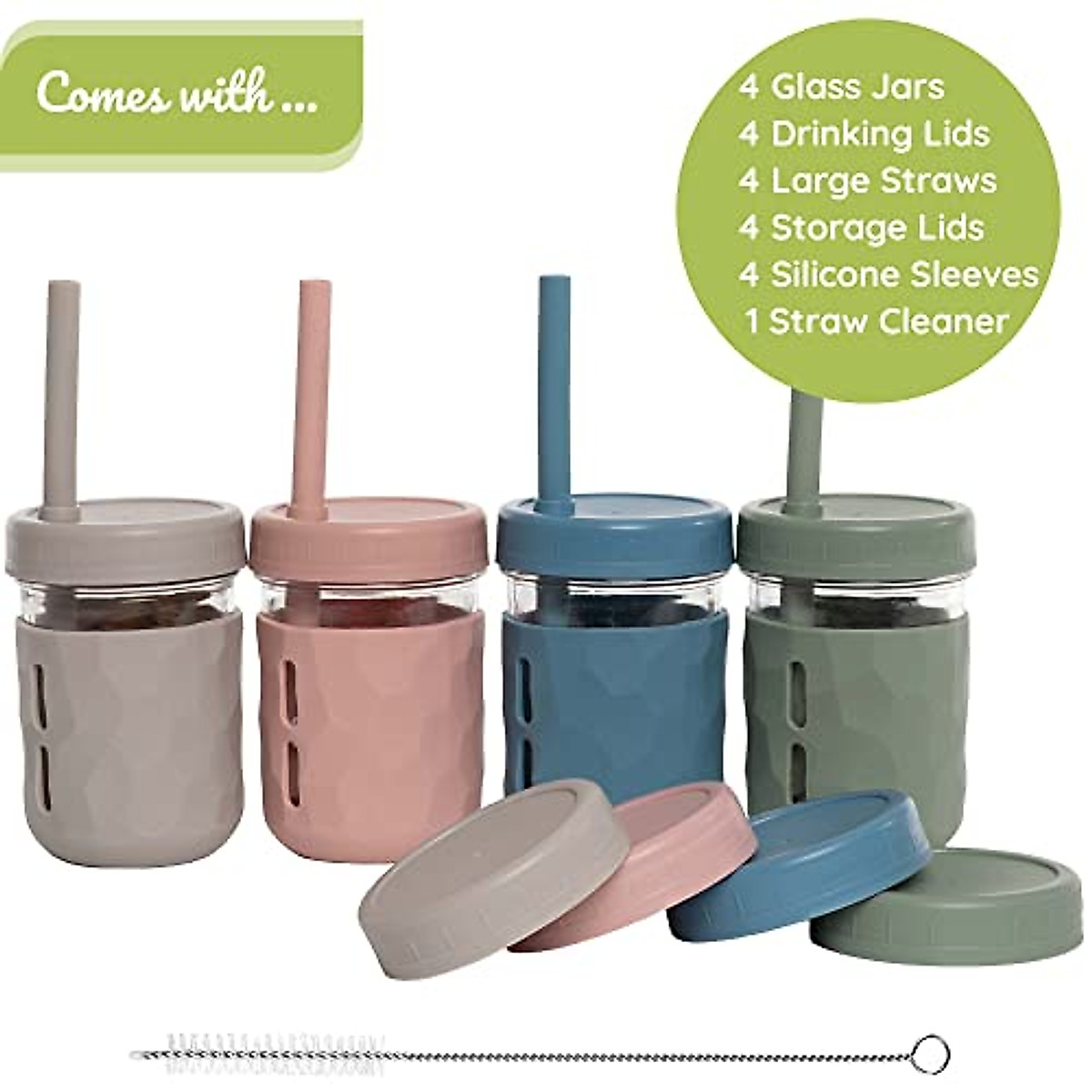 WeeSprout Glass Cups With Lids & Straws, Spill-resistant Cups for Toddlers & Kids, Triple as Toddler Cups, Baby Food Storage & Snack Jars, XL Silicone Straws, Easy-grip Sleeves, Set of four 8 oz jars