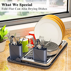 Dish Drying Rack, Rustproof Aluminum Collapsible 2-Tier Dish Drainer Rack with Drainboard and 2 Utensil Holders for Kitchen Counter, Silver Grey