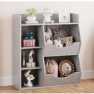 IDEALHOUSE 5-Cubby Kids Bookshelf and Bookcase for Storage Books and Toys, Toy Storage Organizer for Boys and Girls, Multi Shelf for Playroom, Bedroom, Nursery and Kid's Room (Grey)