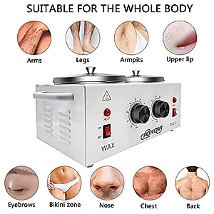 Double Wax Warmer Professional Electric Wax Heater Machine for Hair Removal, Dual Wax Pot Paraffin Facial Skin Body SPA Salon Equipment with Adjustable Temperature Set - 100 Wax Applicator Sticks
