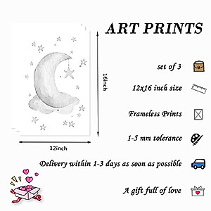 Bfgsrtcbox Grey Moon Wall Decor Nursery Star Print Cloud Art Stars Poster Canvas Printing Painting Pictures Posters Prints for Kids Room Home Girls bedroom 12x16inchx3pcs No Frame