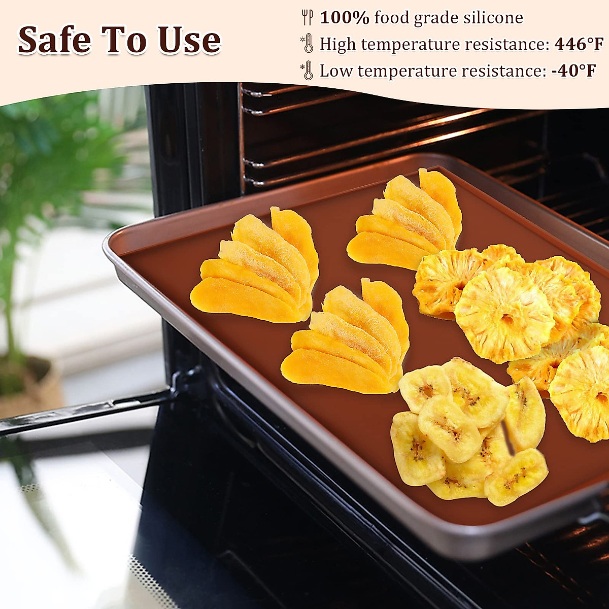 6PCS Silicone Dehydrator Sheets with Edg Non Stick Fruit Leather Trays for Dehydrator Reusable Silicone Dehydrator Tray Liners with Silicone Scraper for Food Vegetables Meat Liqui