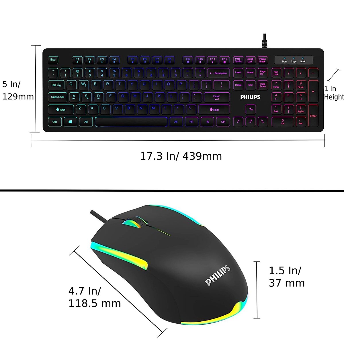 Philips Wired Gaming Keyboard and Mouse Combo, Quiet RGB Backlit Membrane Keyboard with LED Optical Mouse, Island Style- Chiclet Keys for Gaming, Business and Office
