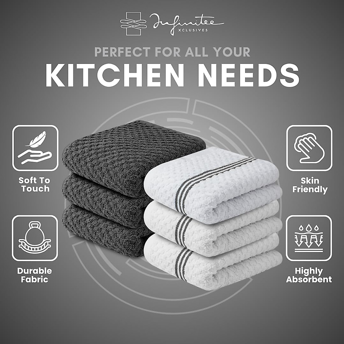 Infinitee Xclusives Premium Kitchen Towels – Pack of 6, 100% Cotton 15 x 25 Inches Absorbent Dish Towels - 425 GSM Tea Towel, Terry Kitchen Dishcloth Towels- Grey Dish Cloth for Household Cleaning
