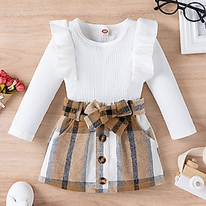 Yccutest Toddler Baby Girl Skirt Outfit Long Sleeve Ruffle Shirt Top Mini Skirt Set 2Pcs Kids Little Girl Clothes Fall Winter (White,18-24 Months)