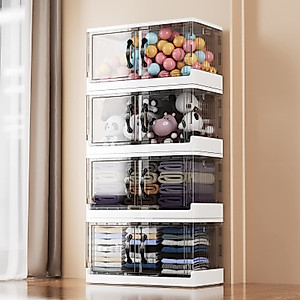 Mihoho Large Storage Bins with Lids, 46-Gal Stackable Plastic Storage Box with Wheel, 4 Packs Storage Containers for Closet Office Organizing, Clothes, Books, Folding Storage Box Set