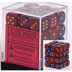 Chessex Dice d6 Sets: Gemini Blue & Red with Gold - 12mm Six Sided Die (36) Block of Dice
