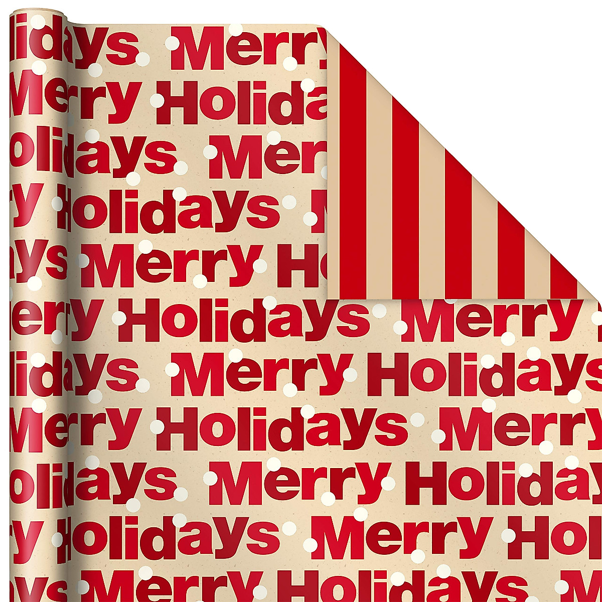 Hallmark Reversible Christmas Wrapping Paper (3 Rolls: 120 sq. ft. ttl) "Merry Holidays," Snowflakes, Snowmen, Red Stripes