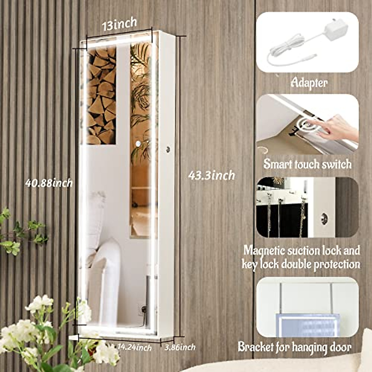 KEDLAN Jewelry Armoire Organizer, Lighted Full Length Mirror with Jewelry Cabinet,LED Wall/Door Mounted Jewelry Box for Women,Makeup Organizers and Storage with Magnetic Lock,White