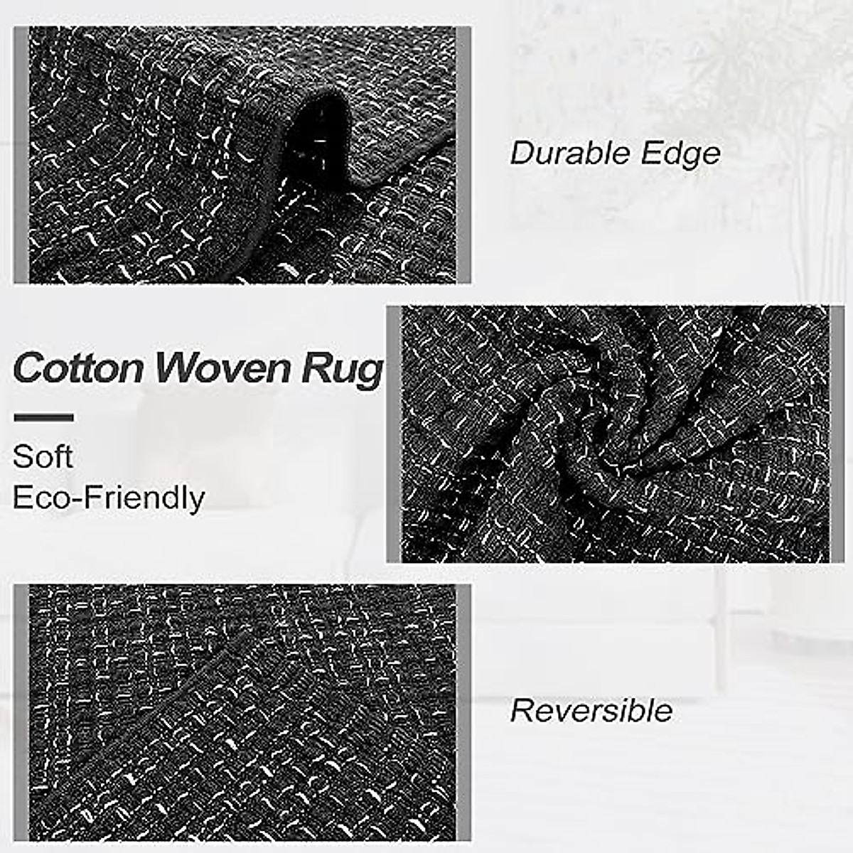 Nailttos Washable Living Room Rug 4' x 6', Woven Cotton Black Rug for Bedroom, Machine Washable Low-Plie Kitchen Mat Woven Rug for Bedroom Playroom Dining Room