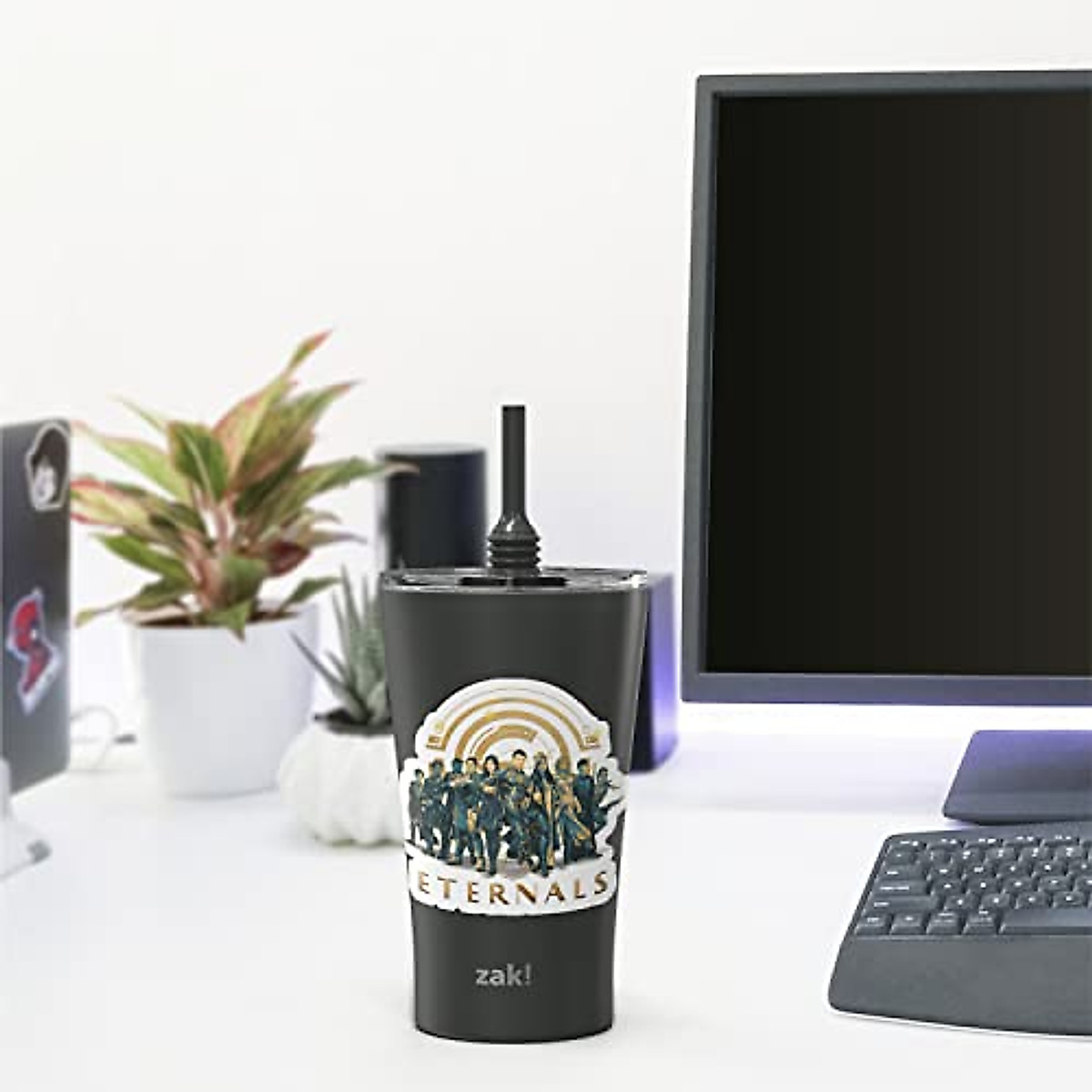 Zak Designs Marvel Eternals 20oz Stainless Steel Alfalfa Vacuum Insulated Tumbler with Sticker, Includes Silicone Straw and Splash Proof Lid, Travel Tumbler Keeps Drinks Cold (20oz, Eternals)