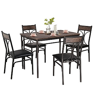 VECELO 5 Piece Kitchen Dining Room Table and Chairs Set for Home, Dinette, Breakfast Nook, Farmhouse, Small Space, Dark Brown