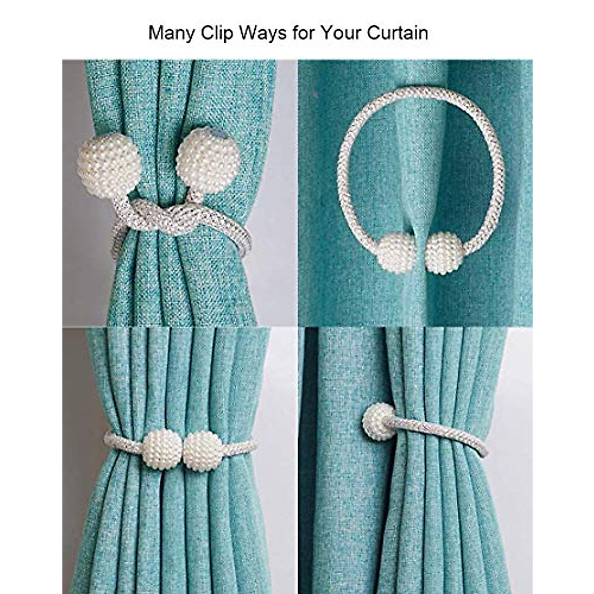 [2 Pack] Magnetic Curtain Tiebacks Convenient Drape Tie Backs - Pinowu Pearl Decorative Rope Holdback Holder for Small, Thin or Sheer Window Drapries (Gray)