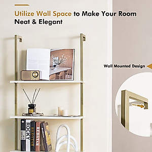 Giantex 5 Tier Modern Wall Mounted Bookshelf, 71'' White and Gold Wood Bookcase with Steel Frame, Stand Display Storage Rack Organizer Ladder Shelf for Living Room, Kitchen