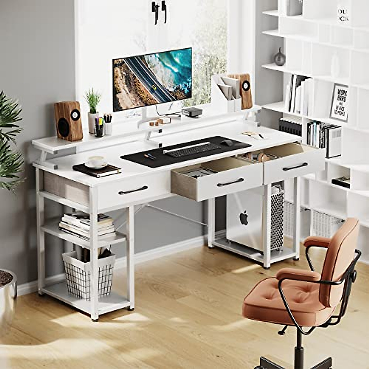 ODK Computer Desk with Drawers and Storage Shelves, 55 inch Home Office Desk with Monitor Stand, Modern Work Study Writing Table Desk for Small Spaces, White + White Leg