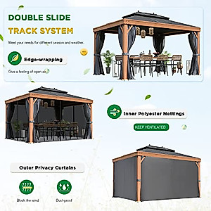 EROMMY 10'x13' Hardtop Gazebo Outdoor Aluminum Wood Grain Gazebos with Galvanized Steel Roof and Mosquito Net for Patios, Deck, Backyard, Curtains & Netting