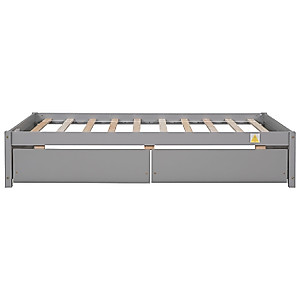 Twin Size Bed Frame with 2 Storage Drawers,Twin Kids Bed,Solid Wood Platform Bed Twin for Kids, Teens, Adults, Grey