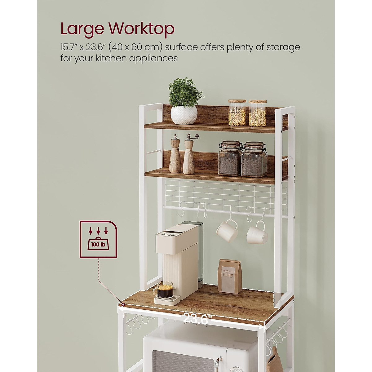 VASAGLE Hutch Bakers Rack with Power Outlet, 14 Hooks Microwave Stand, Adjustable Coffee Bar with Metal Wire Panel, Kitchen Storage Shelf, 15.7 x 23.6 x 66.9 Inches, Rustic Walnut and White UKKS037W41