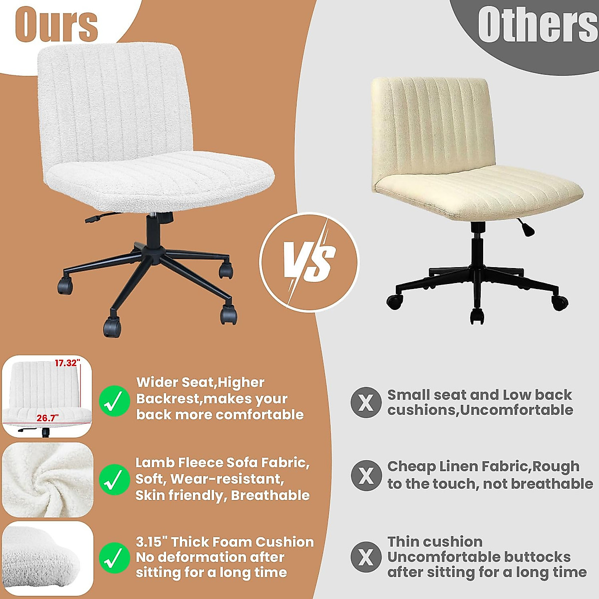 Kadunmina Armless Office Desk Chair with Wheels, Modern Swivel Computer Task Chair Comfortable Adjustable Wide Seat Vanity Chair for Home, Bedroom, Make Up(White)