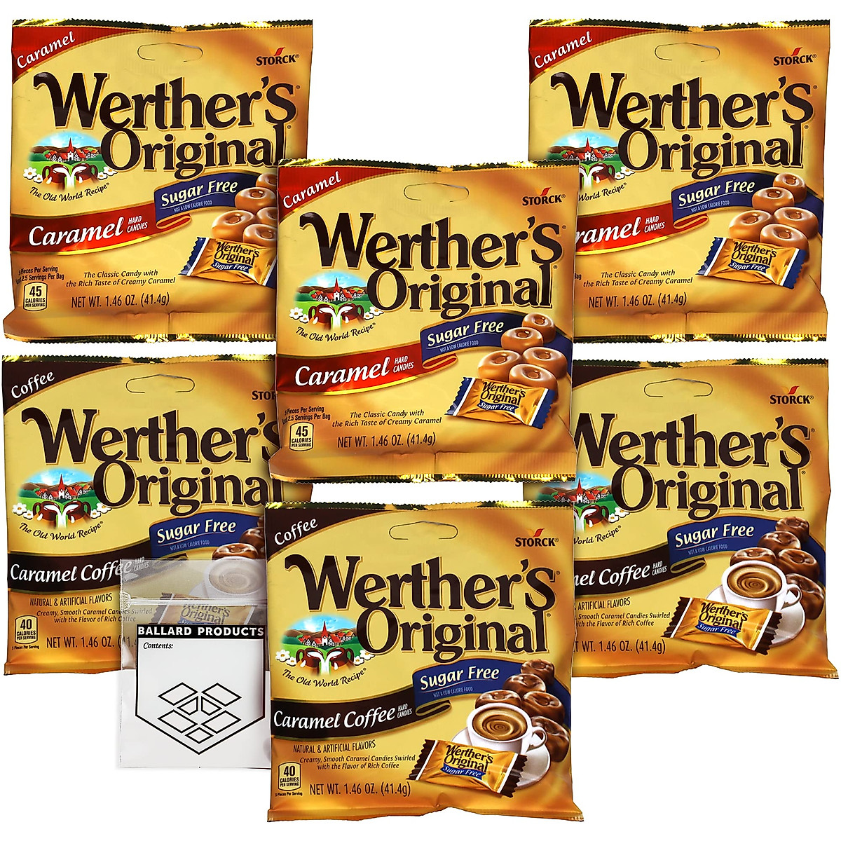 Werthers Sugar Free Hard Candy Variety Pack of 6 - 3 Bags Each Flavor - Original Hard Candy and Caramel Coffee - Individually Wrapped Sugar Free Candy - Bundle with Ballard Products Pocket Bag
