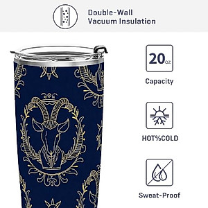 Gold Zodiac Sign Aries Navy Blue Stainless Steel water bottle with straw Leak-proof Lid and Straw insulated travel coffee mug for Home, Office or Car Aesthetic tumbler with lid and straw 20 OZ