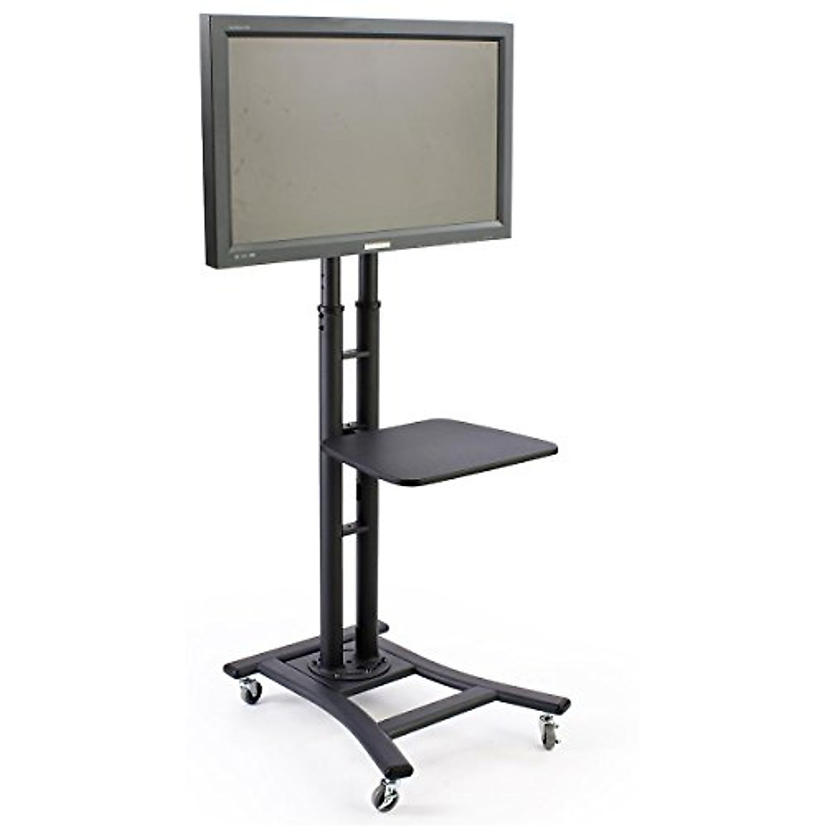 Displays2go, Mobile TV Stand for 37 to 70 Inch LCD Monitor, 4 Locking Casters, 19 Inch AV Shelf - Black (MBTVSBKBSS)