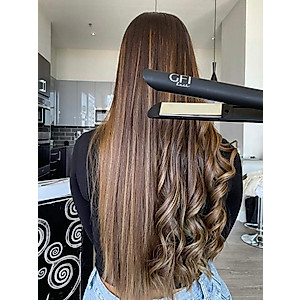 GFI Hair Straightener - Turbo Heating Element - Titanium Flat Iron - Straightens & Curls Any Hair Type - Temperature Control - Pouch & Glove Included