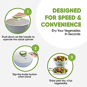 Brieftons 6.2-Quart Large Salad Spinner: Vegetable Washer Dryer Drainer Strainer with Bowl & Colander, Easy One-Handed Pump, Compact Storage, for Washing, Cleaning & Drying Greens, Vegetables, Fruits