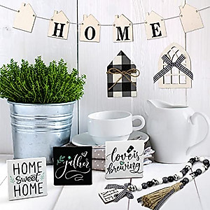 Spakon 14 Pieces Farmhouse Tiered Tray Decor Black White Buffalo Plaid Christmas Decor Wood Bead Garland with Tassel for Rustic Home Sweet Home Farmhouse Xmas Gift(Home Style)