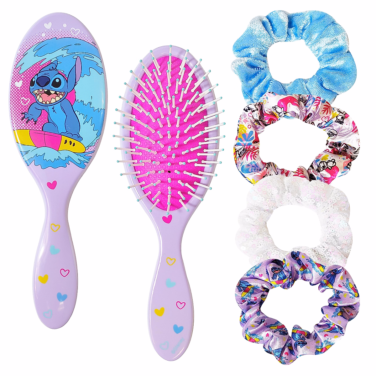 Stitch Hair Accessory 5 Pcs Set - 1 Regular 9 inch Stitch Hairbrush & 4 Scrunchies - Detangling Brush - Elastic Hair Ties Ropes for Girls, Ages 3+