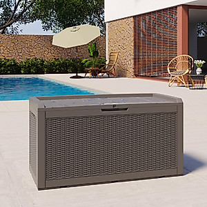 EAST OAK Outdoor Storage Box, 100 Gallon Deck Box, Waterproof Resin Storage Bench for Patio Cushions, Gardening Tools, Lockable, UV Resistant, outside storage, Grey
