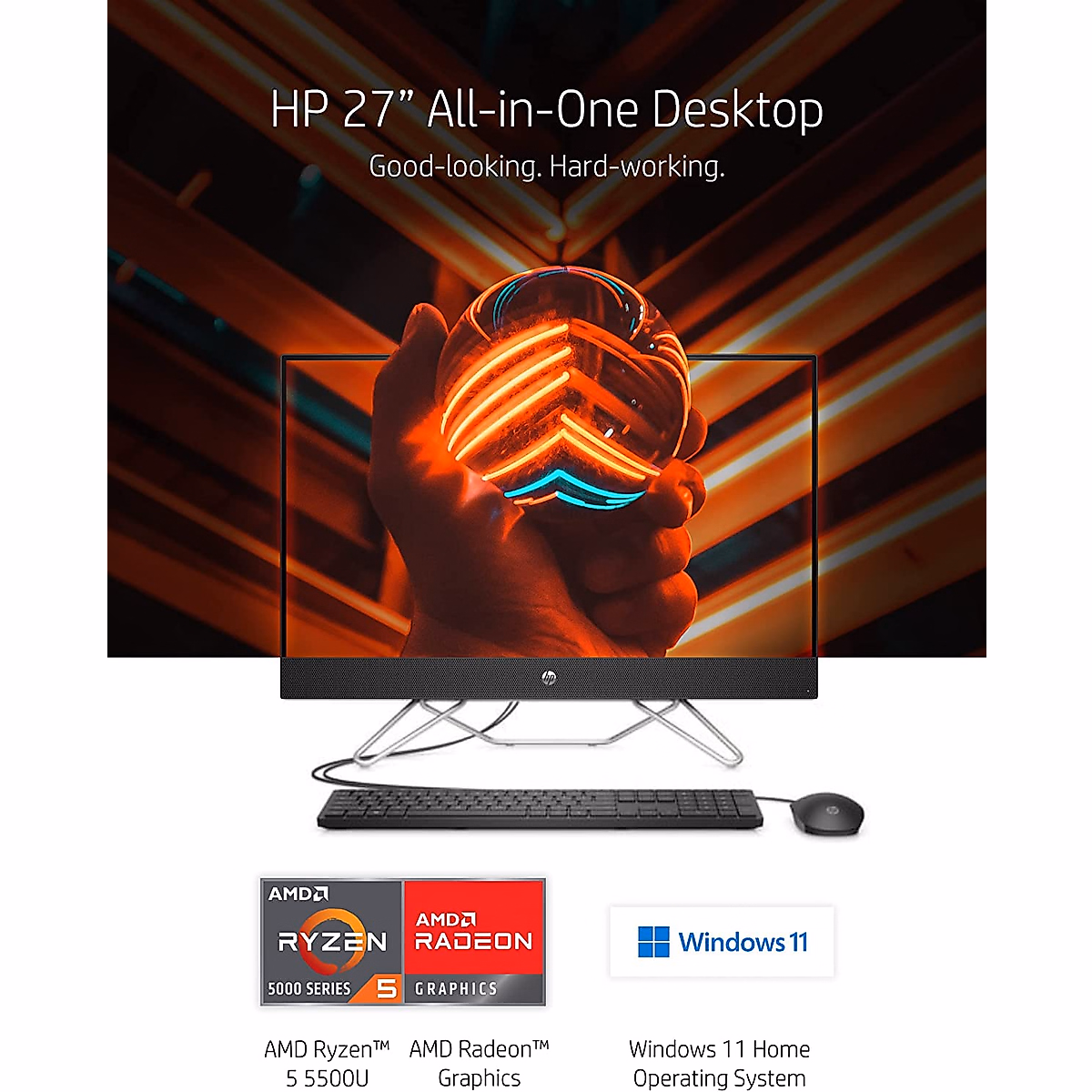HP 2022 Newest 27 inch FHD All-in-One Computer, AMD Ryzen 5 5500U(Beat i5-1135G7, up to 4.0 GHz), 16GB RAM, 1TB PCIe SSD+1TB HDD, Webcam, Ethernet, WiFi, Speakers, HDMI, Win11, w/Keyboard+Mouse