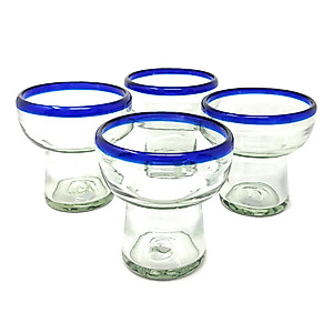 Dos Sueños Mexican Hand Blown Glass – Set of 4 Hand Blown Stemless Blue Rim Margarita Glasses (14oz)