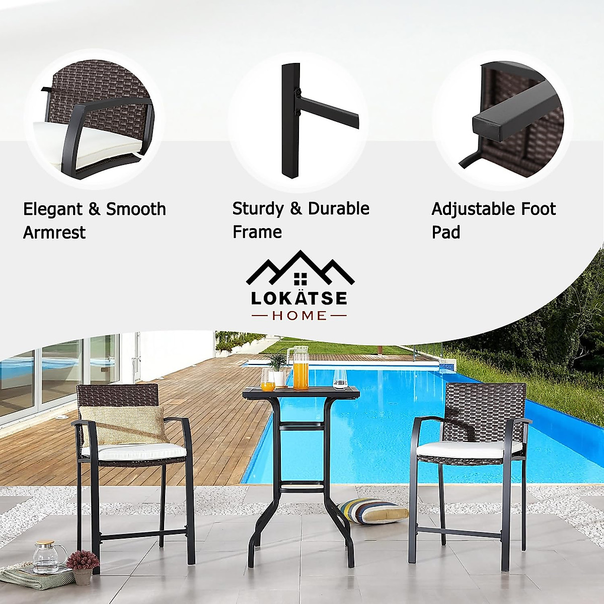 LOKATSE HOME 3 Piece Outdoor Patio Bar Stool Set with High Top Square Table Wicker Conversation Furniture, White